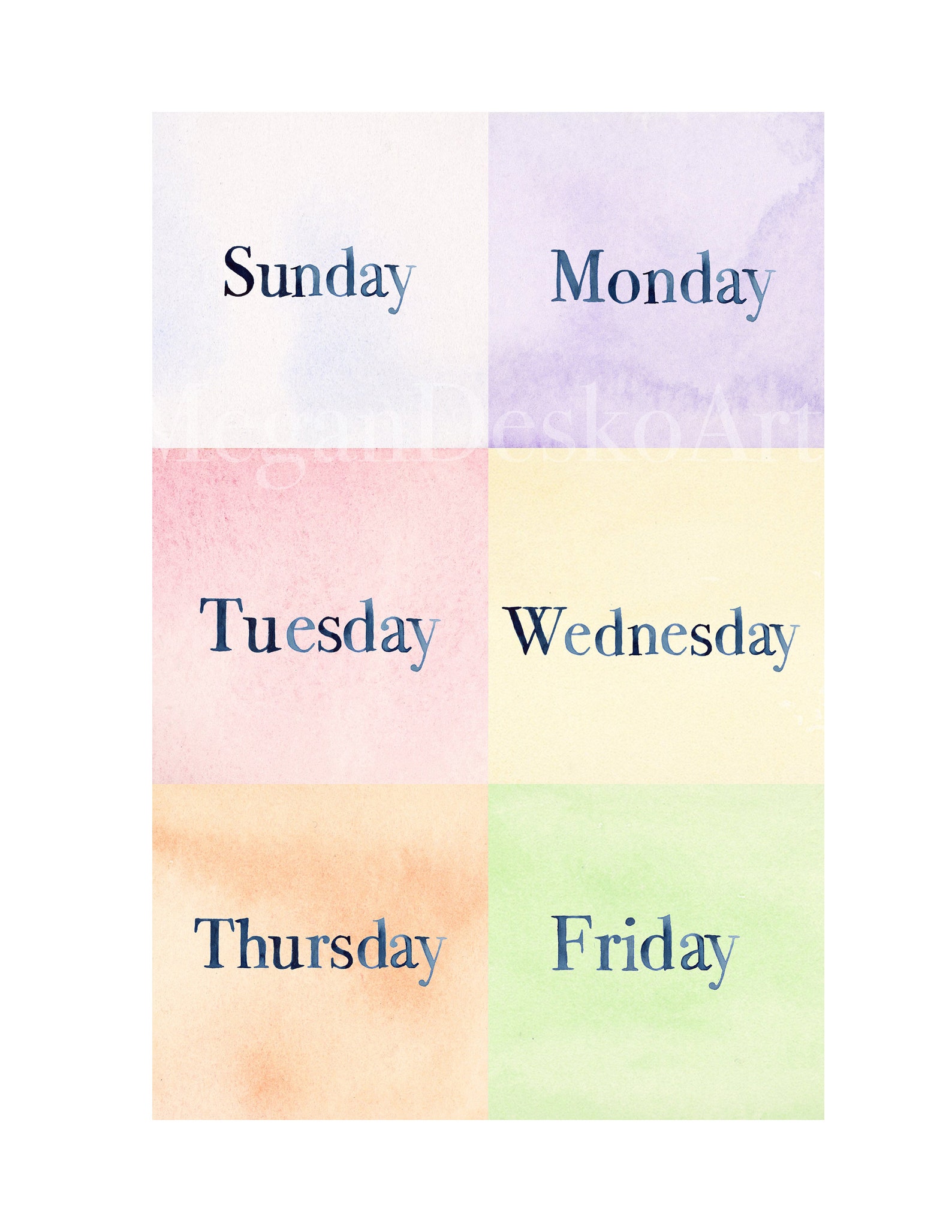 Printable Watercolor Days of the Week Cards; Pocket Chart Days of the ...