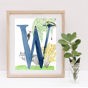 Letter W Adventure in the Woods Watercolor Print, Letter W Initial Art ...