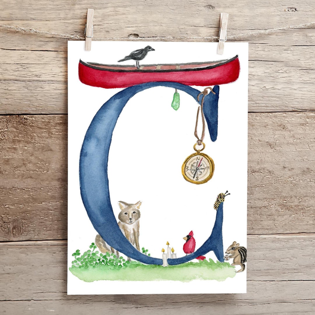 Letter C Adventure in the Woods Watercolor Print, Letter C Initial Art ...