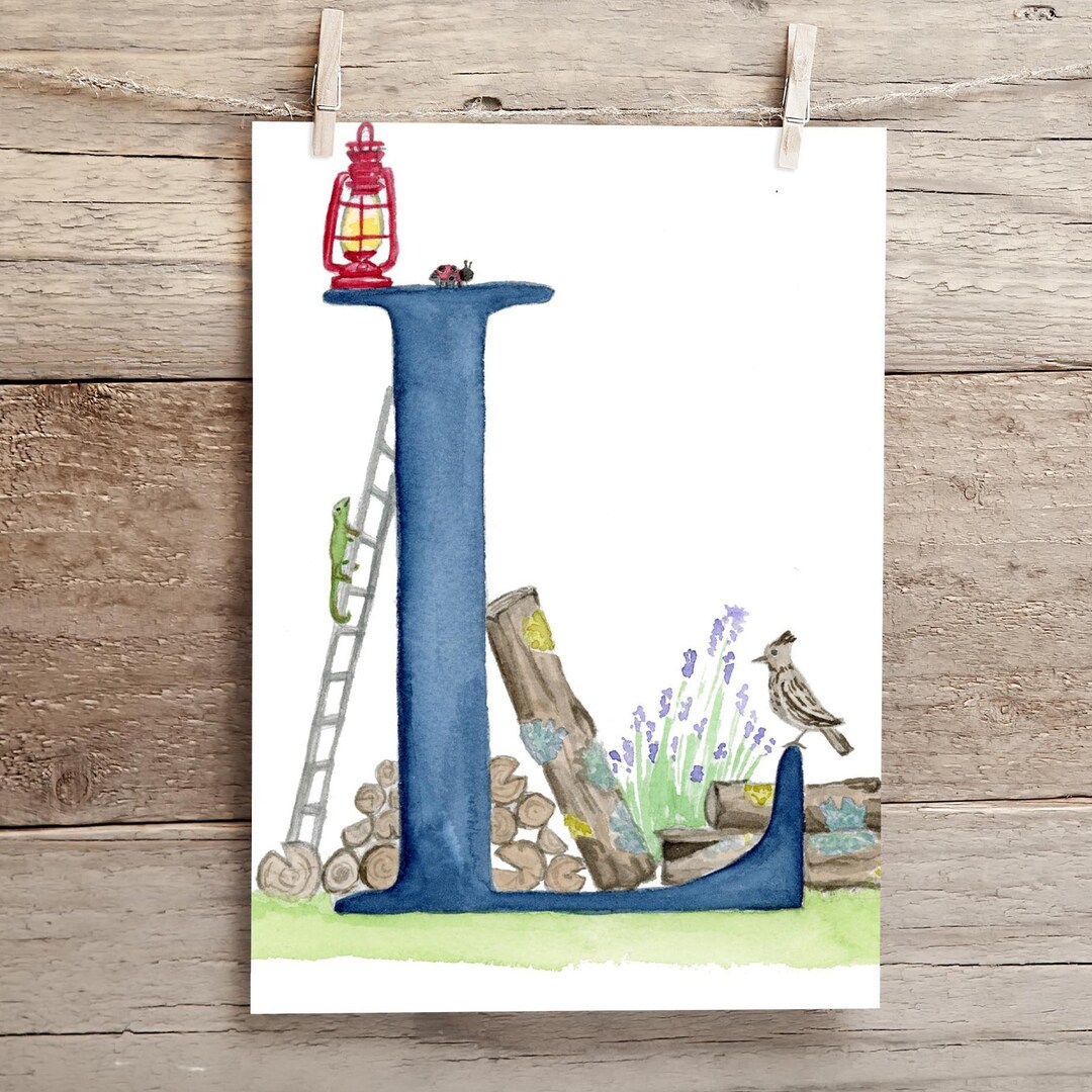 Letter L Adventure in the Woods Watercolor Print, Letter L Initial Art ...