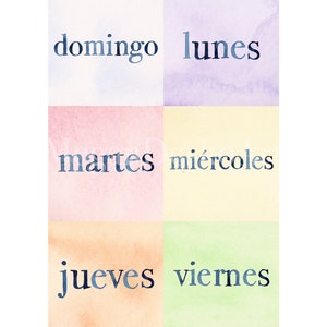 Printable Watercolor Spanish Days of the Week Cards; Spanish Pocket ...