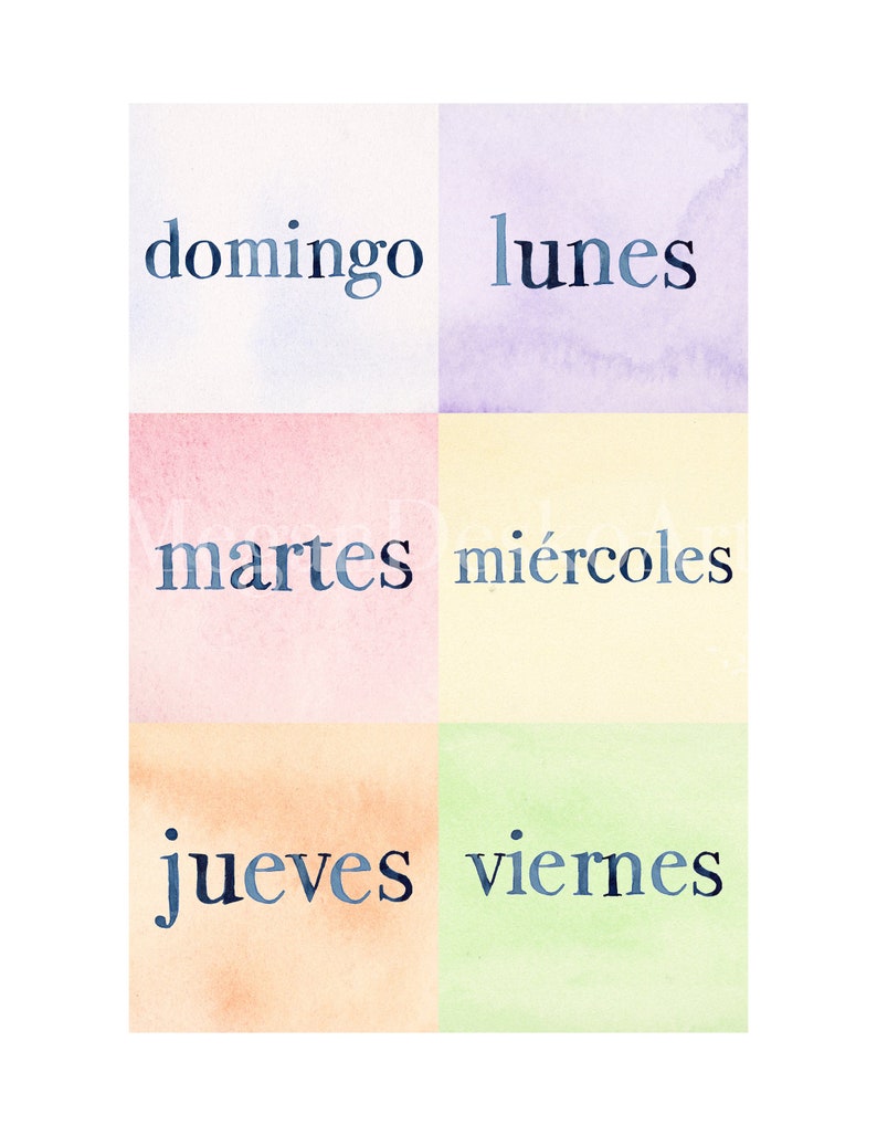 Printable Watercolor Spanish Days of the Week Cards; Spanish Pocket ...