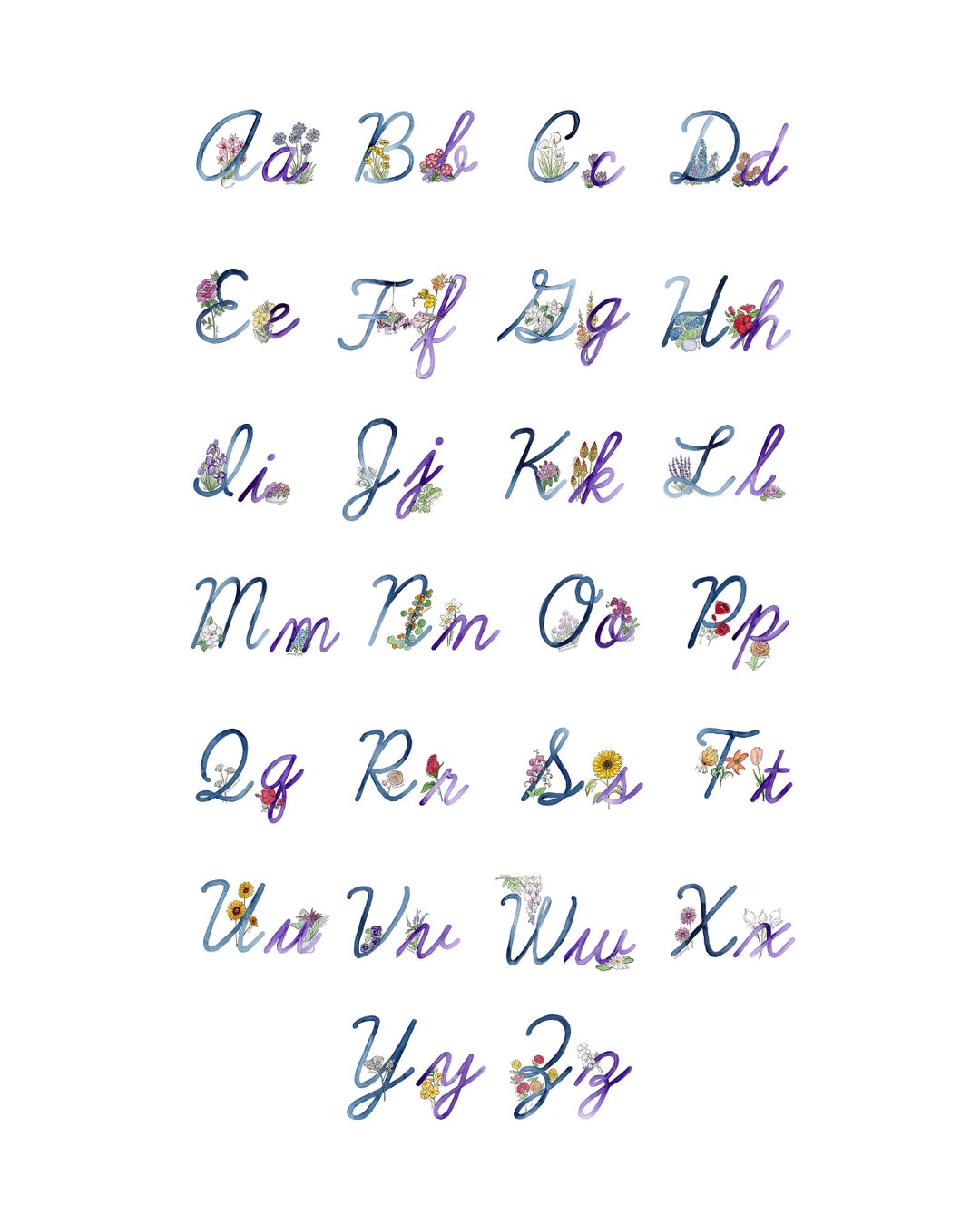 Cursive Floral Watercolor Alphabet Print - Etsy