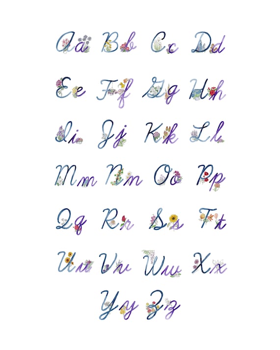 Cursive Floral Watercolor Alphabet Print | Etsy