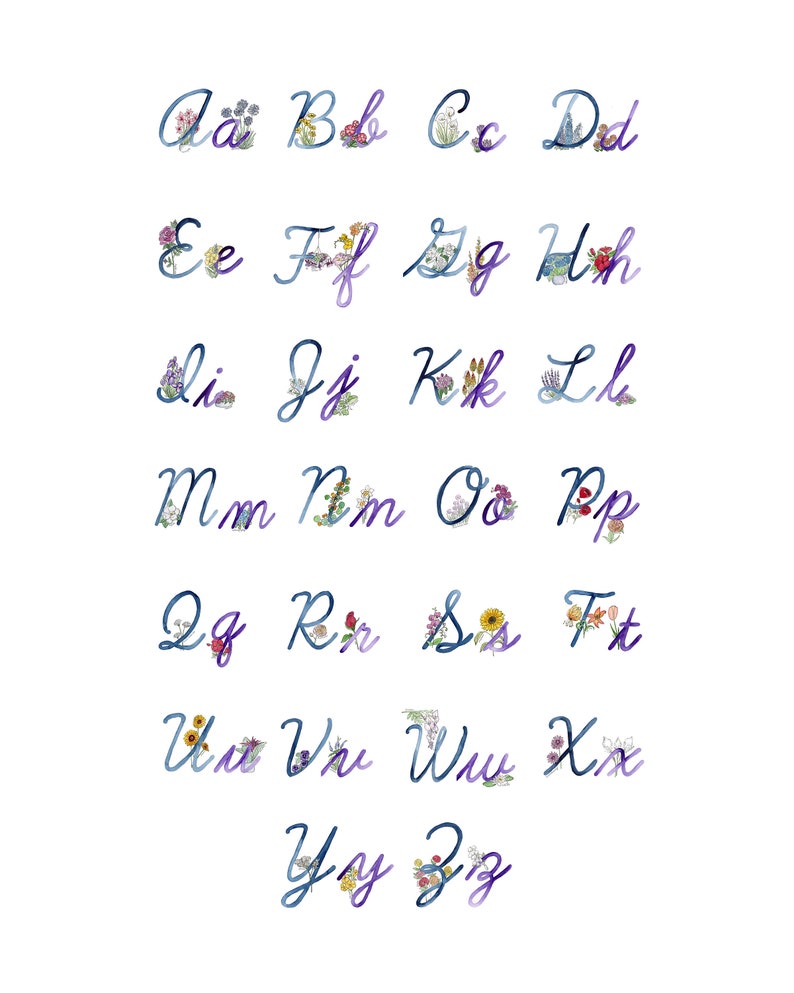 Cursive Floral Watercolor Alphabet Print - Etsy