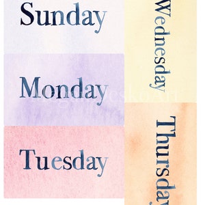 Printable Watercolor Days of the Week Cards; Pocket Chart Days of the ...