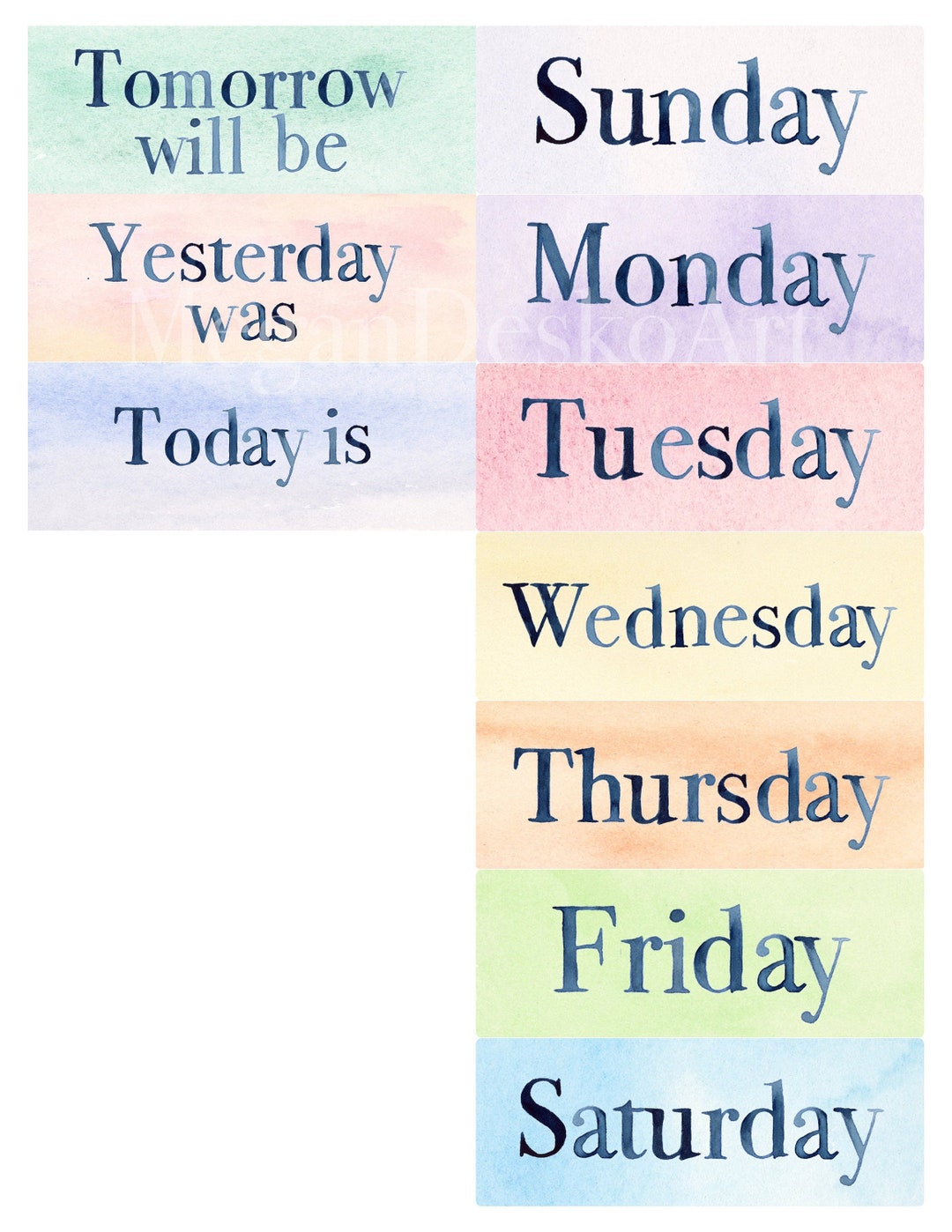 Printable Watercolor Days of the Week Cards; Pocket Chart Days of the ...