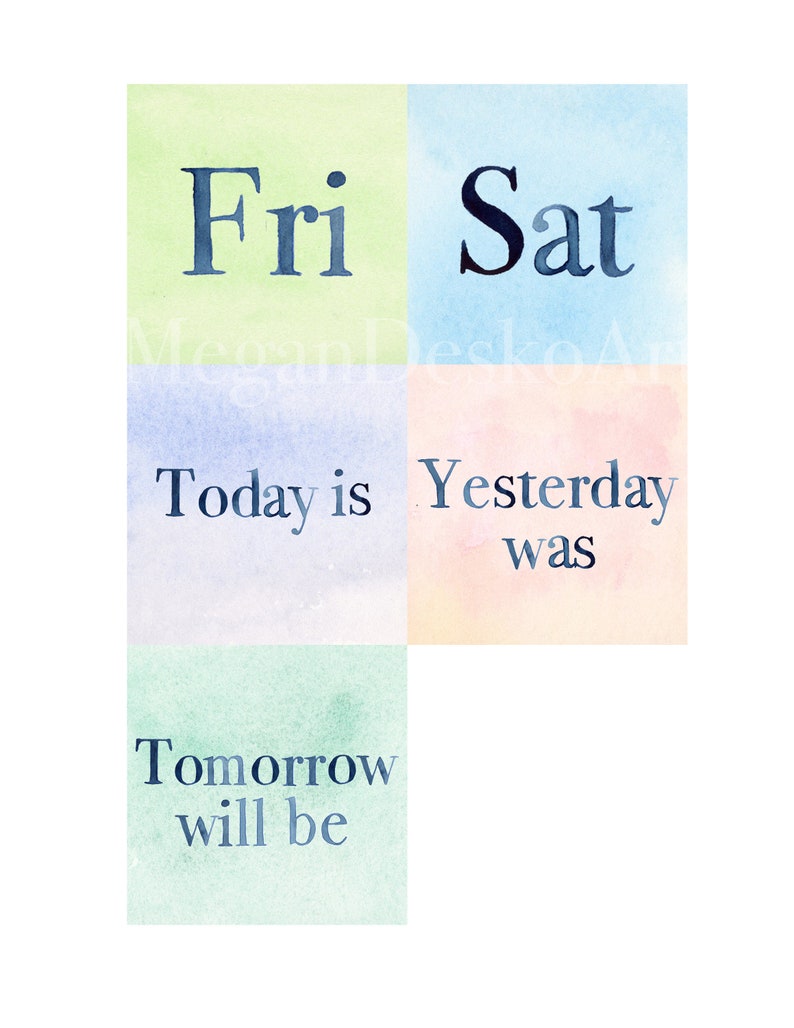 Printable Watercolor Days of the Week Cards; Pocket Chart Days of the ...