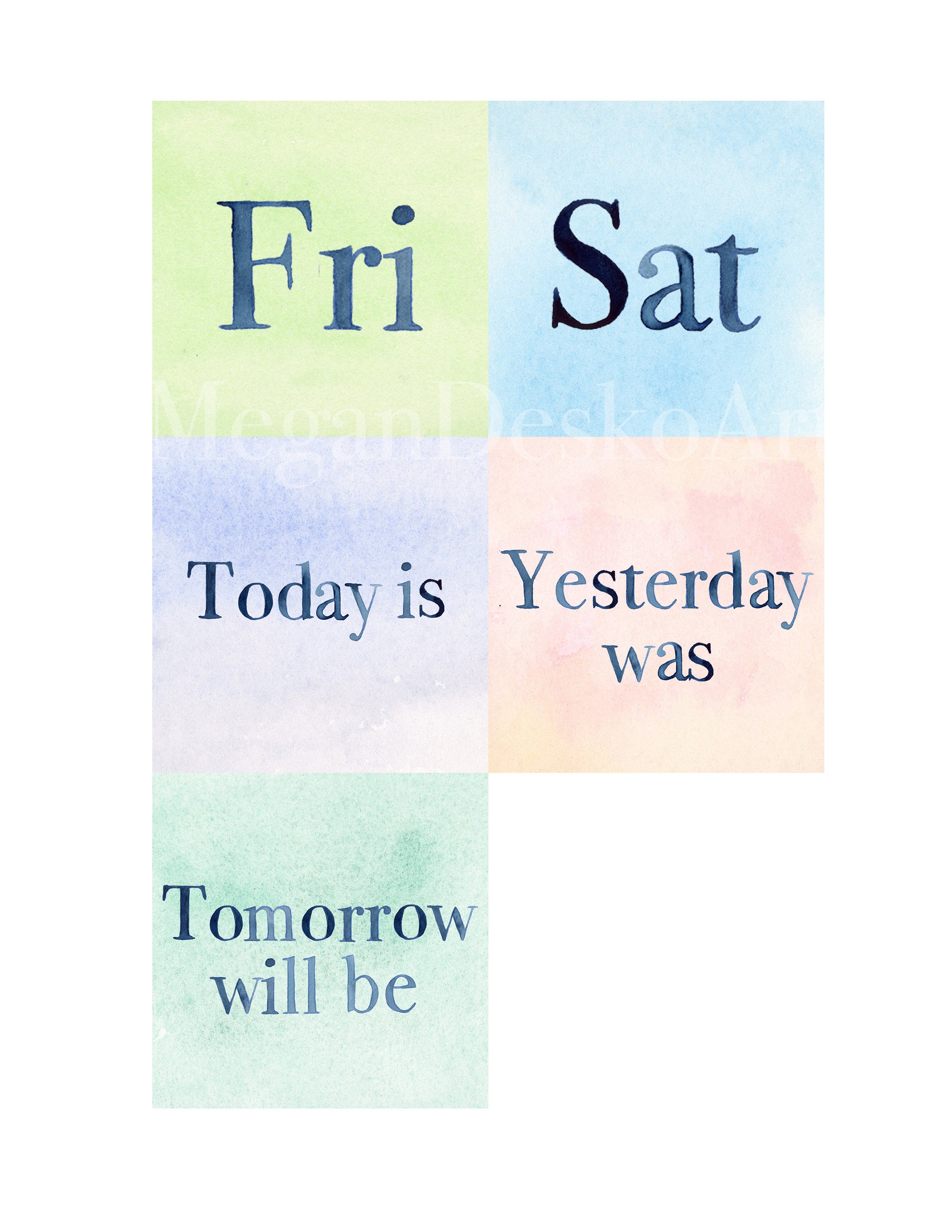 Printable Watercolor Days of the Week Cards; Pocket Chart Days of the ...