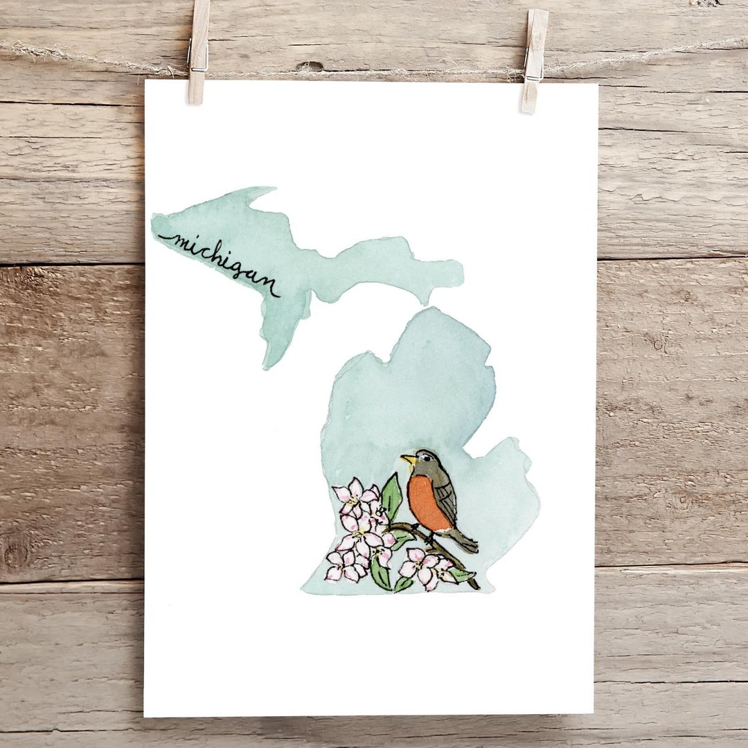 Michigan Robin and Apple Blossoms State Symbol Silhouette Watercolor ...