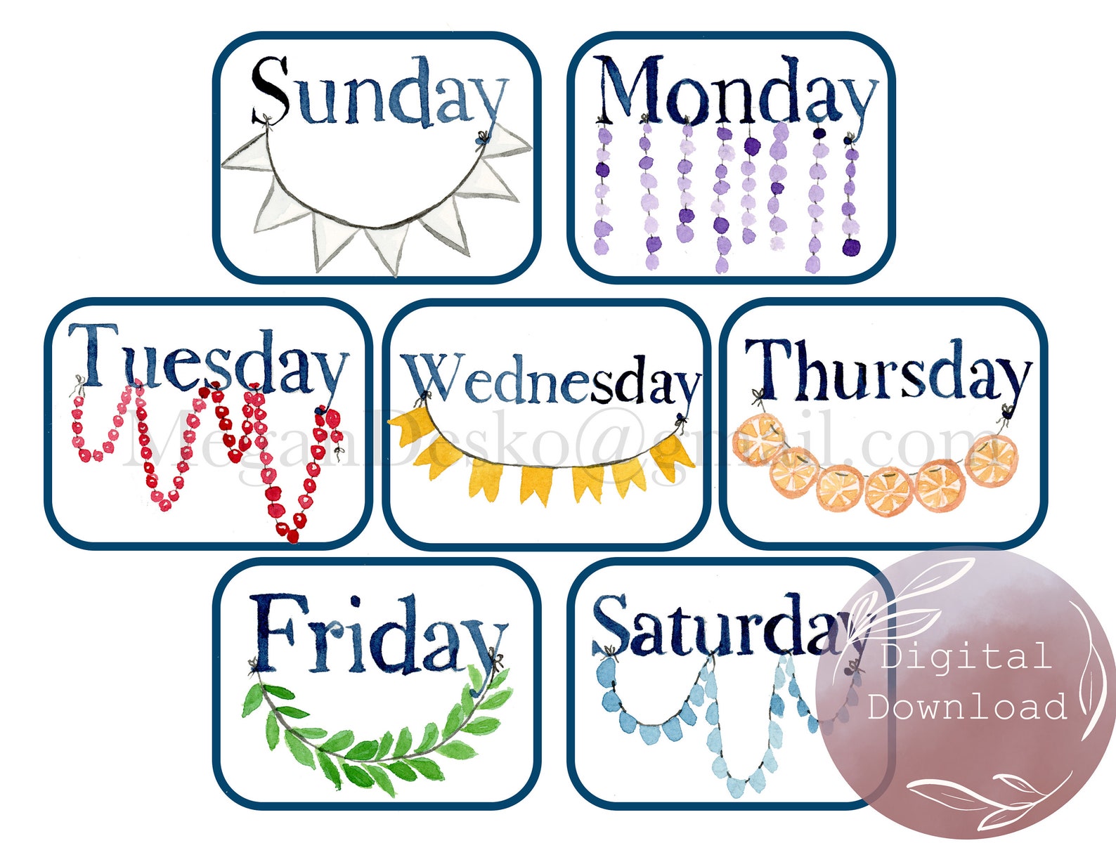 Digital Days of the Week 3.5x5 Watercolor Card Waldorf Day of - Etsy