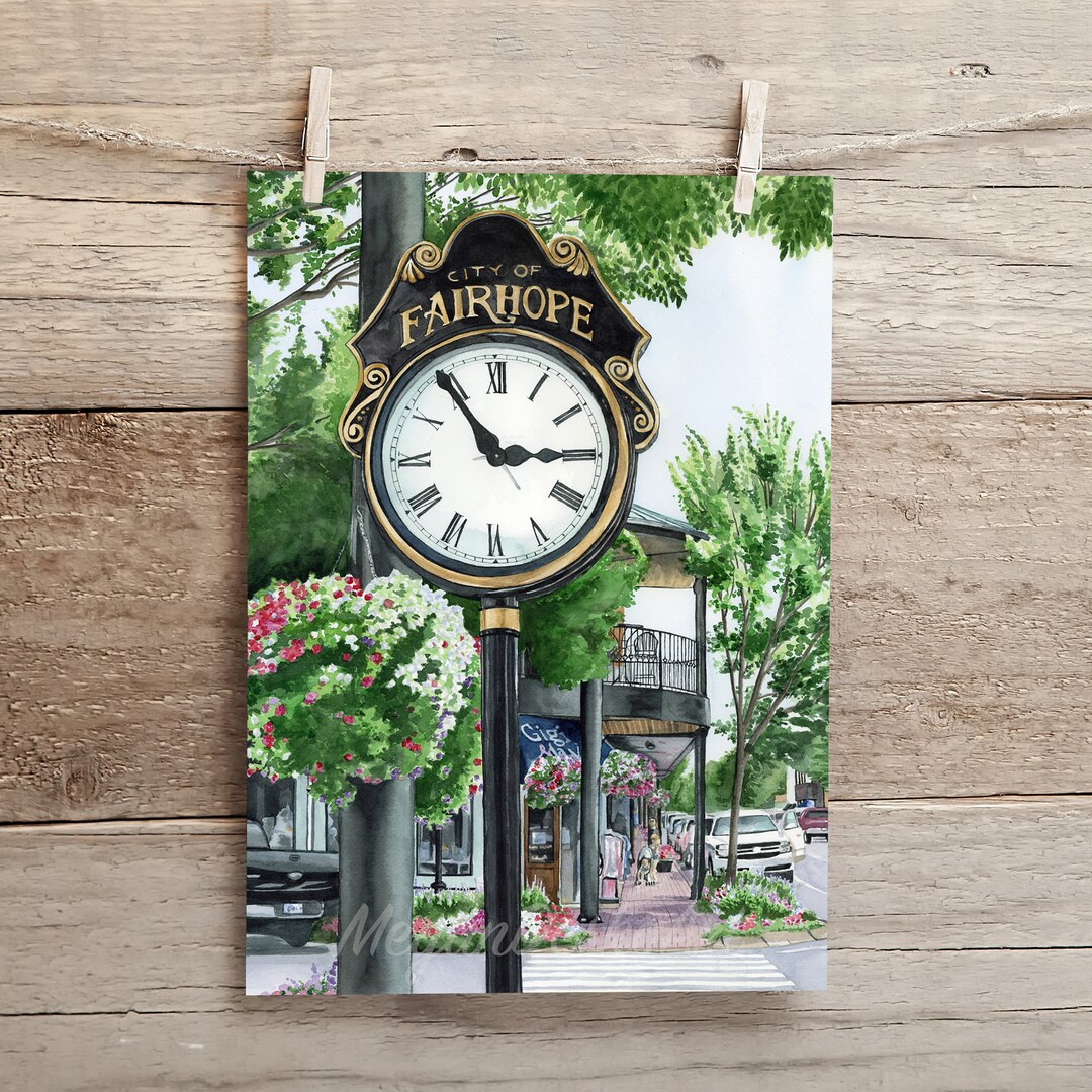 Downtown Fairhope Watercolor Version2, Fairhope Clock Watercolor ...