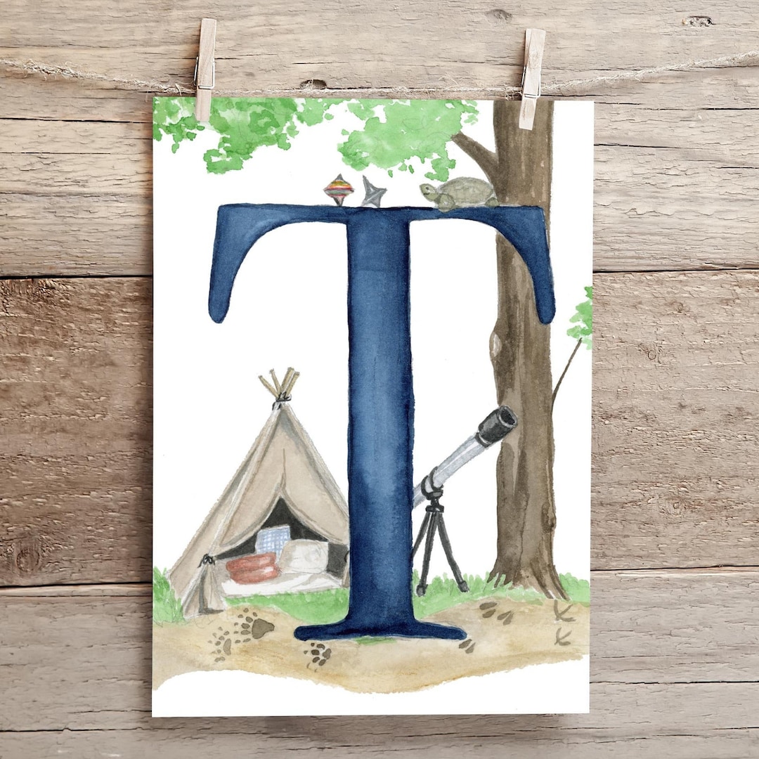 Letter T Adventure in the Woods Watercolor Print, Letter T Initial Art ...