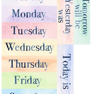 Printable Watercolor Days of the Week Cards; Pocket Chart Days of the ...