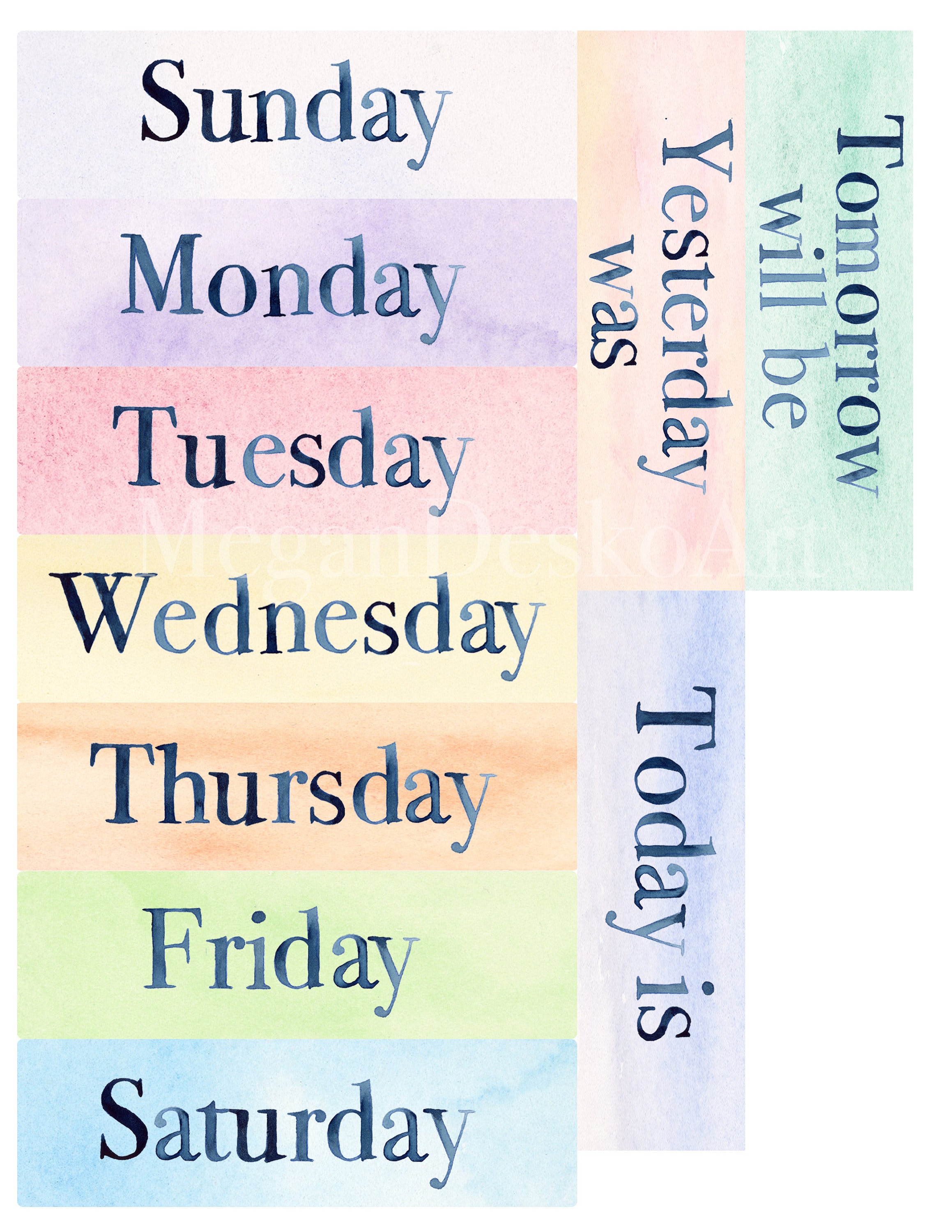 Printable Watercolor Days of the Week Cards; Pocket Chart Days of the ...