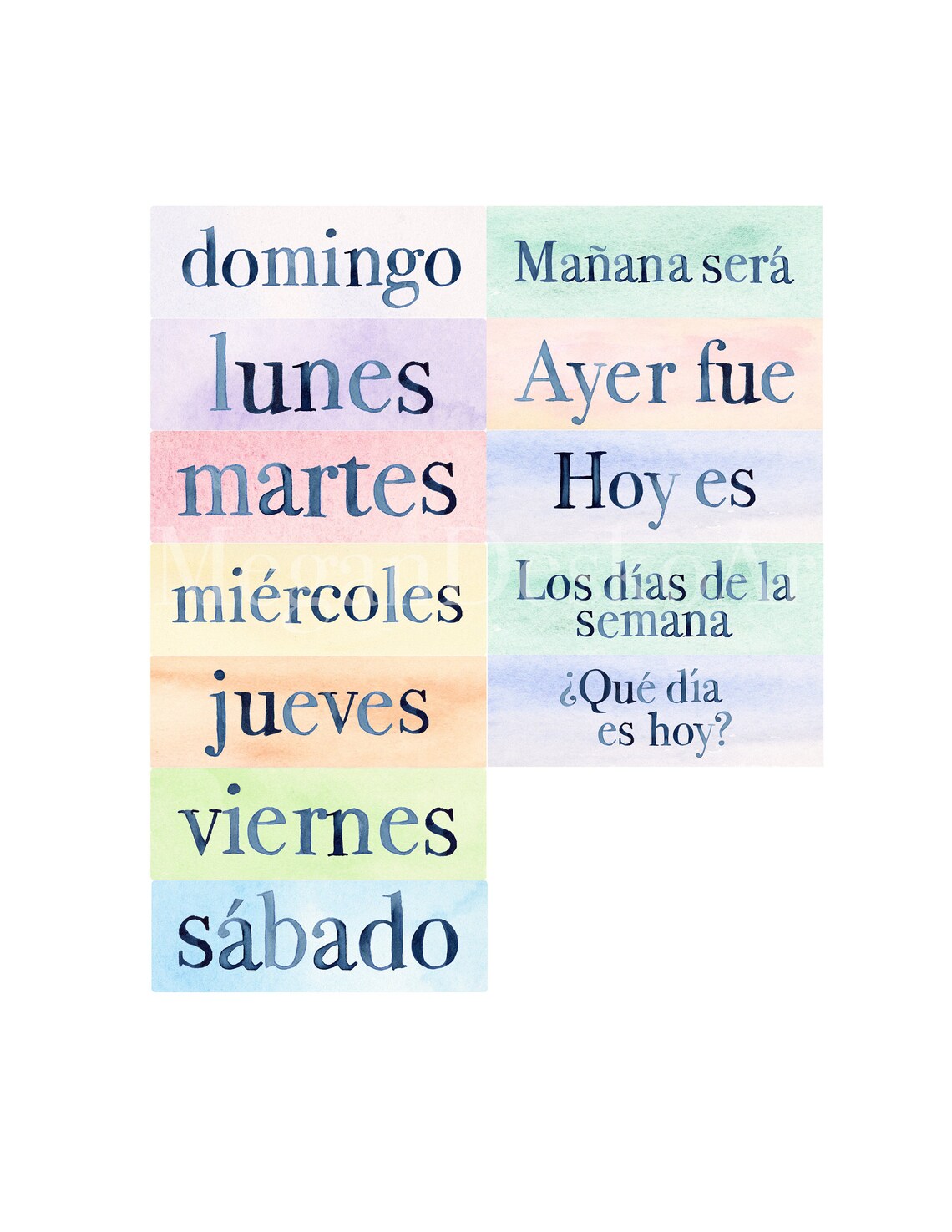 Printable Watercolor Spanish Days of the Week Cards; Spanish Pocket ...