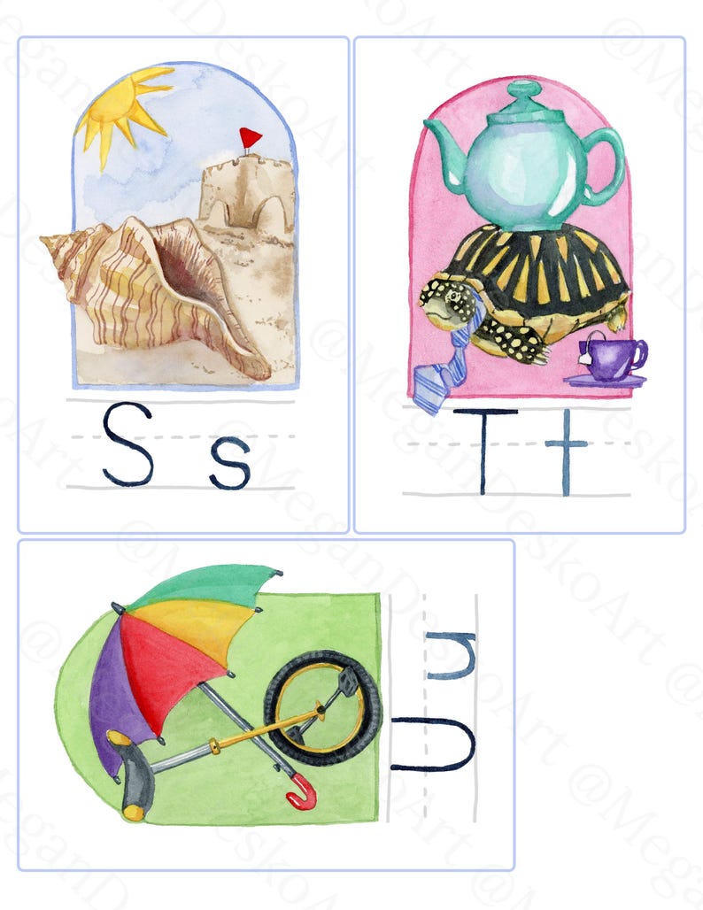 Alphabet Flashcard Printable Download; 4x6 Watercolor Illustrated ...