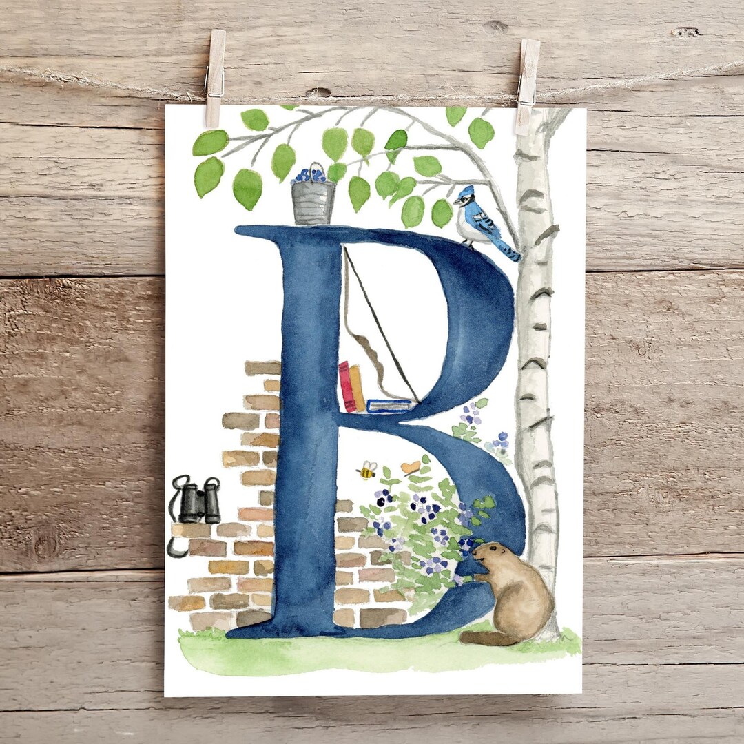 Letter B Adventure in the Woods Watercolor Print, Letter B Initial Art ...