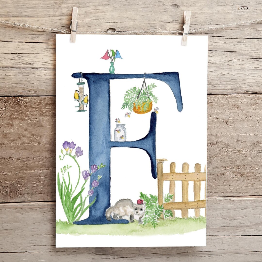 Letter F Teatime in the Garden Watercolor Print, Letter F Initial Art ...