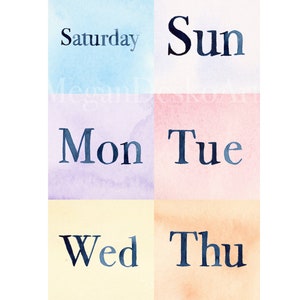 Printable Watercolor Days of the Week Cards; Pocket Chart Days of the ...