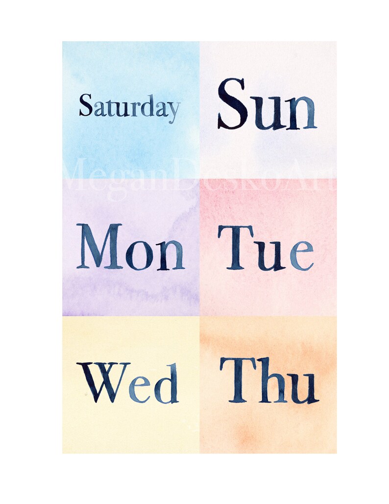 Printable Watercolor Days of the Week Cards; Pocket Chart Days of the ...