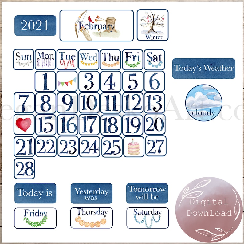 Digital Download Medium Watercolor Nature Calendar Kit | Etsy