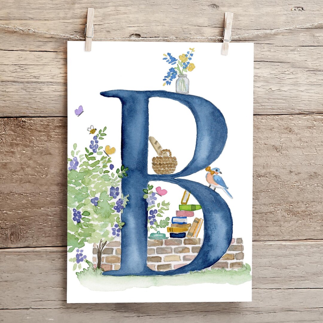 Letter B Teatime in the Garden Watercolor Print, Letter B Initial Art ...