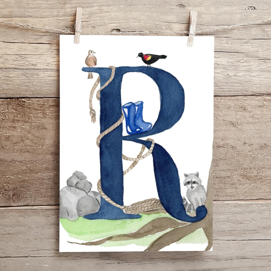Letter R Adventure in the Woods Watercolor Print, Letter R Initial Art ...