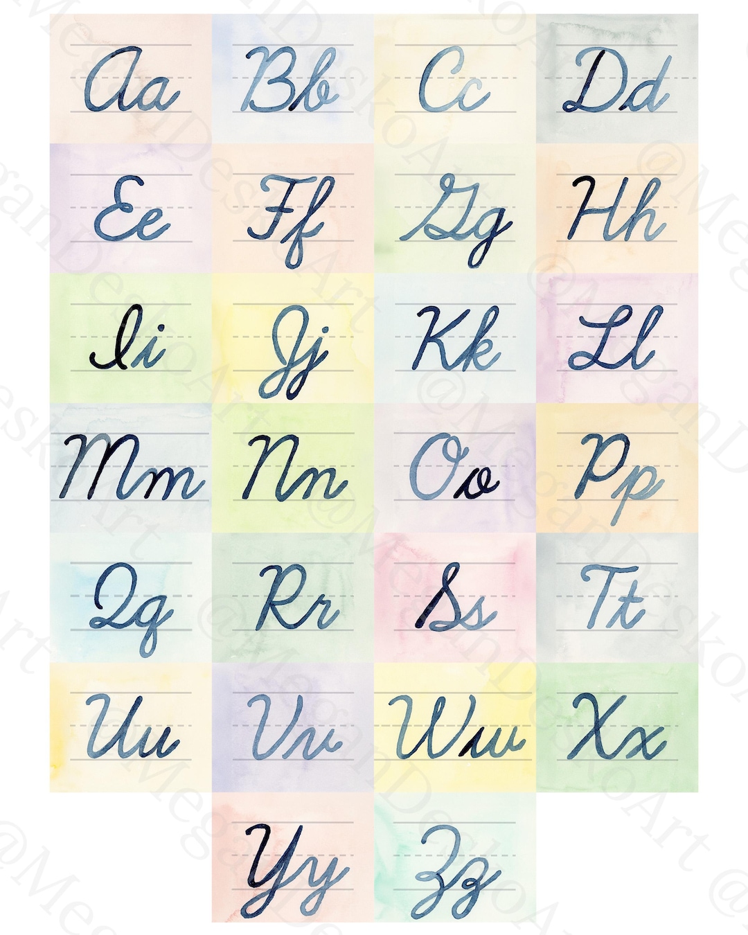 Cursive Pastel Alphabet Download - Cards and Posters; Watercolor Hand ...