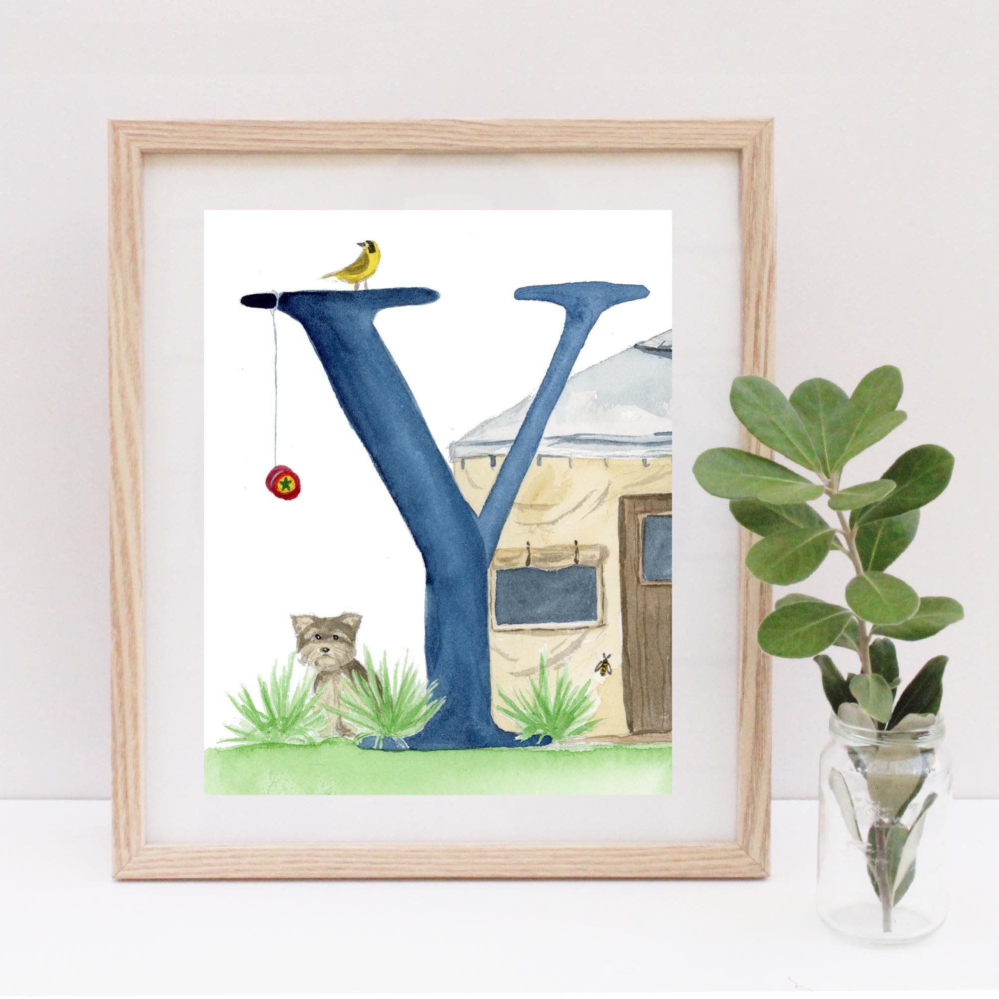 Letter Y Adventure in the Woods Watercolor Print, Letter Y Initial Art ...