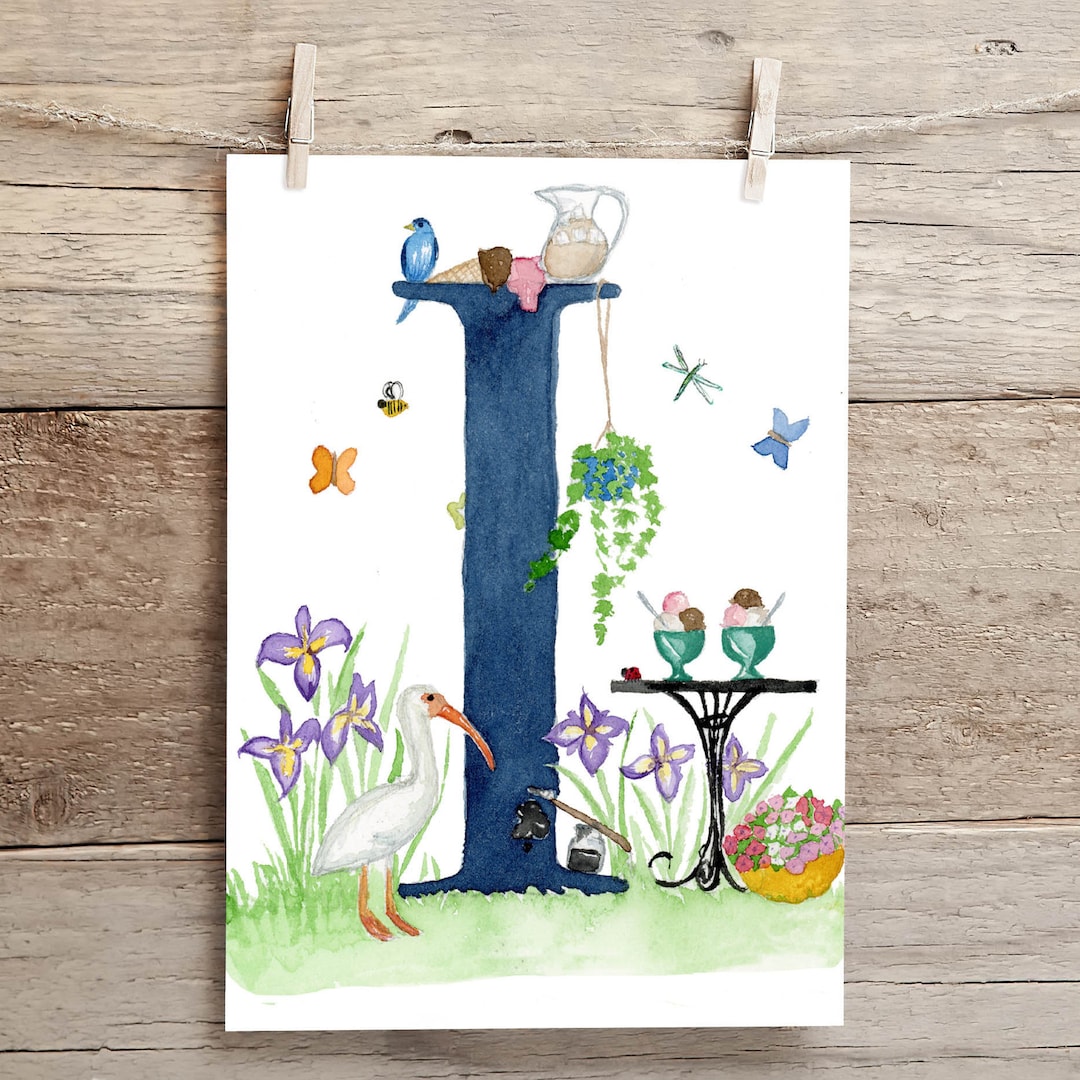 Letter I Teatime in the Garden Watercolor Print, Letter I Initial Art ...