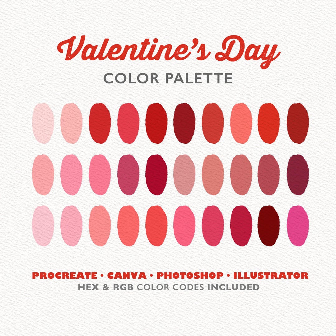 Valentine's Day Color Palette, Procreate Color Palette, Shades of Red ...