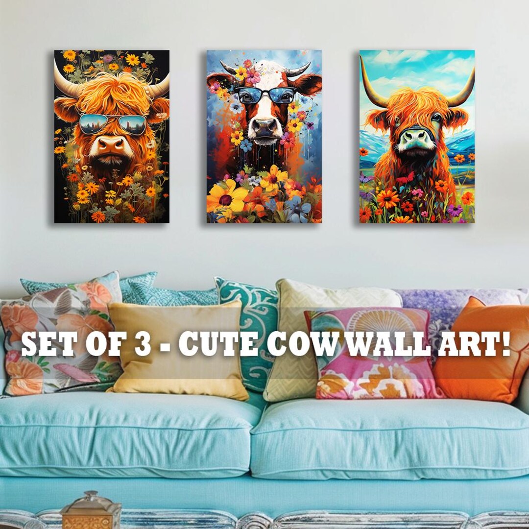 Funny Cow Canvas Set - 3 Piece Farmhouse Wall Art, Highland & Dairy Cow ...