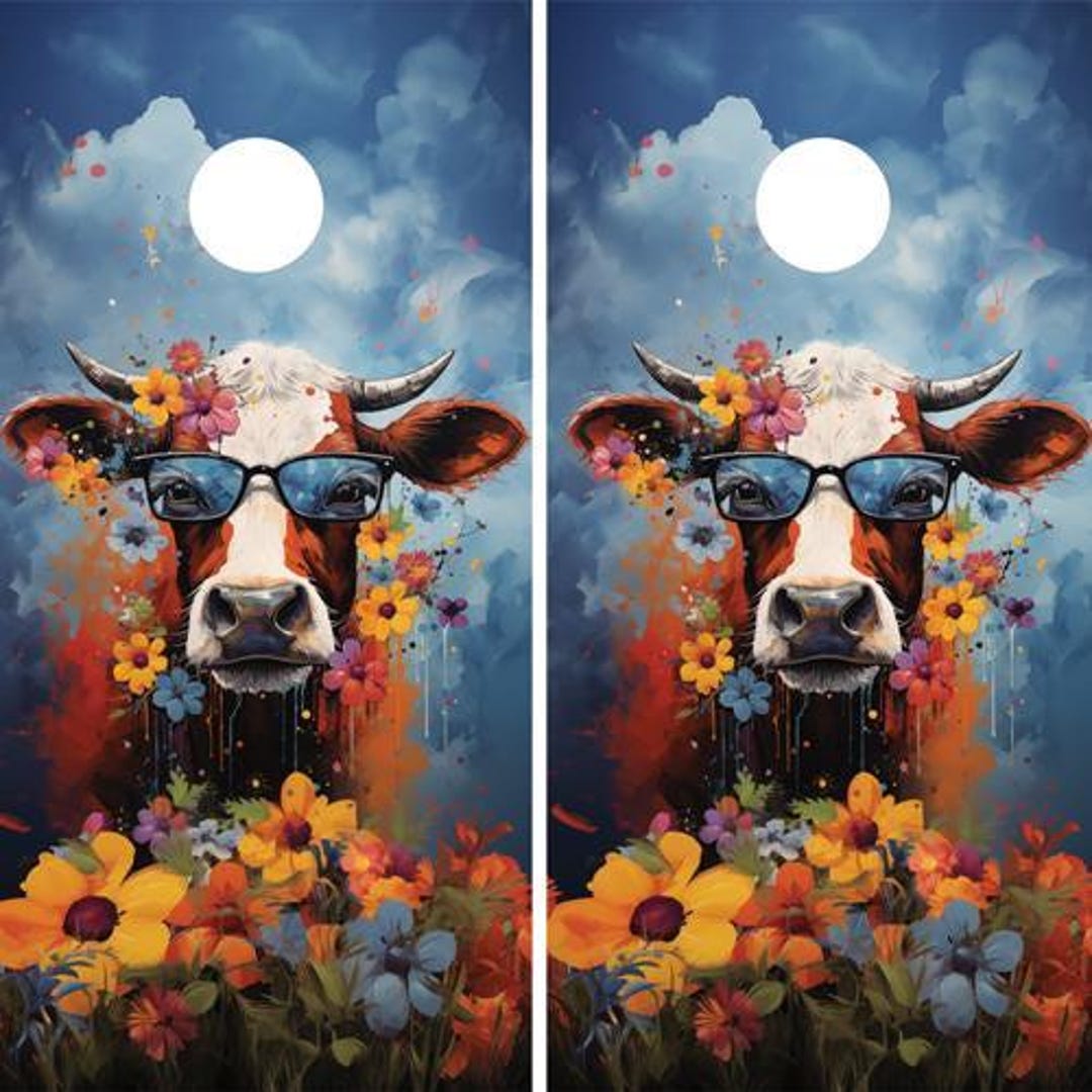 WATERPROOF Cornhole Wraps / Cow in Glasses and Wildflowers / Laminated ...