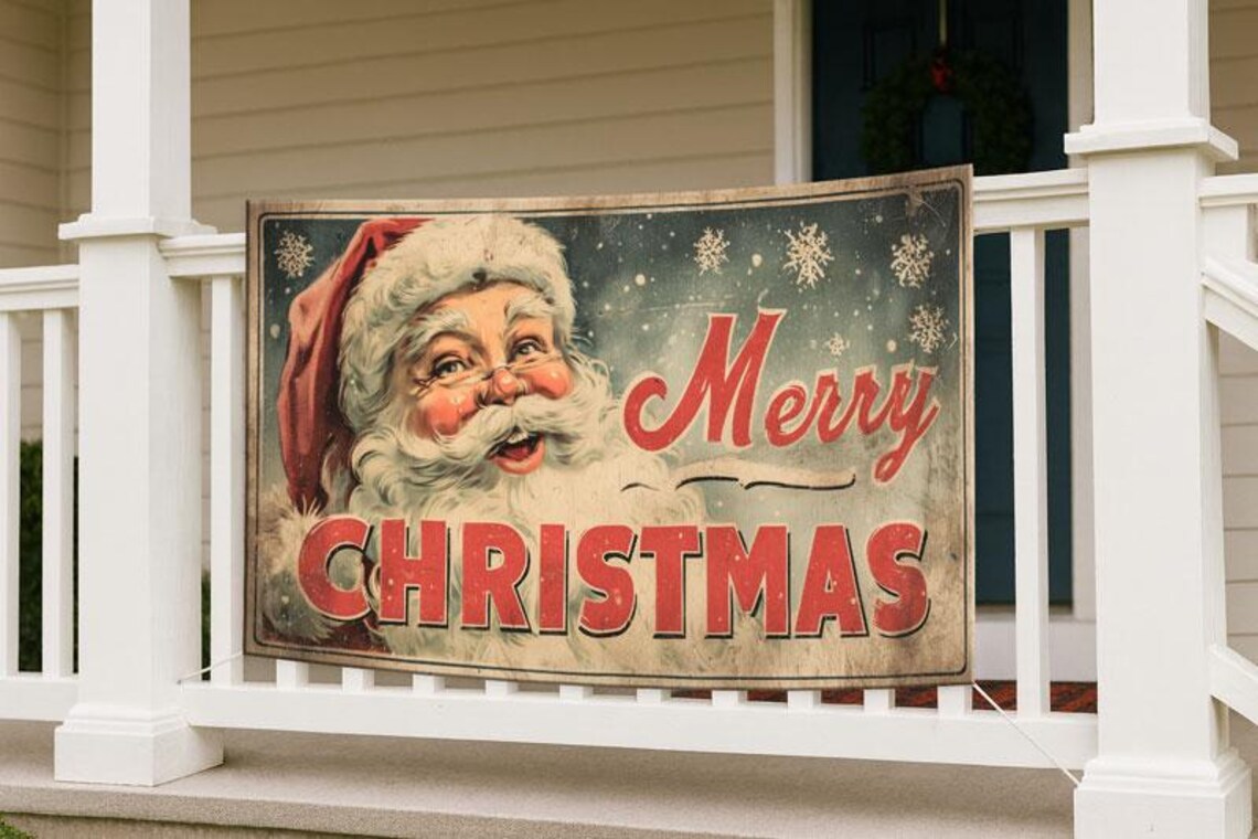 Vintage “merry Christmas” Banner – Retro Christmas Backdrop With Santa ...
