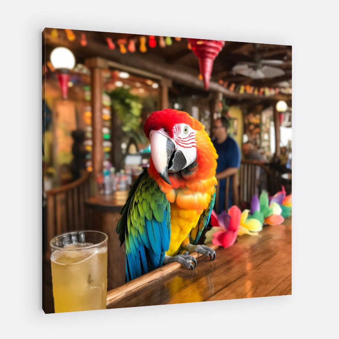 Meet Lucy, the Happy Hour Tiki Parrot! | Canvas Wall Art | Beach Wall ...