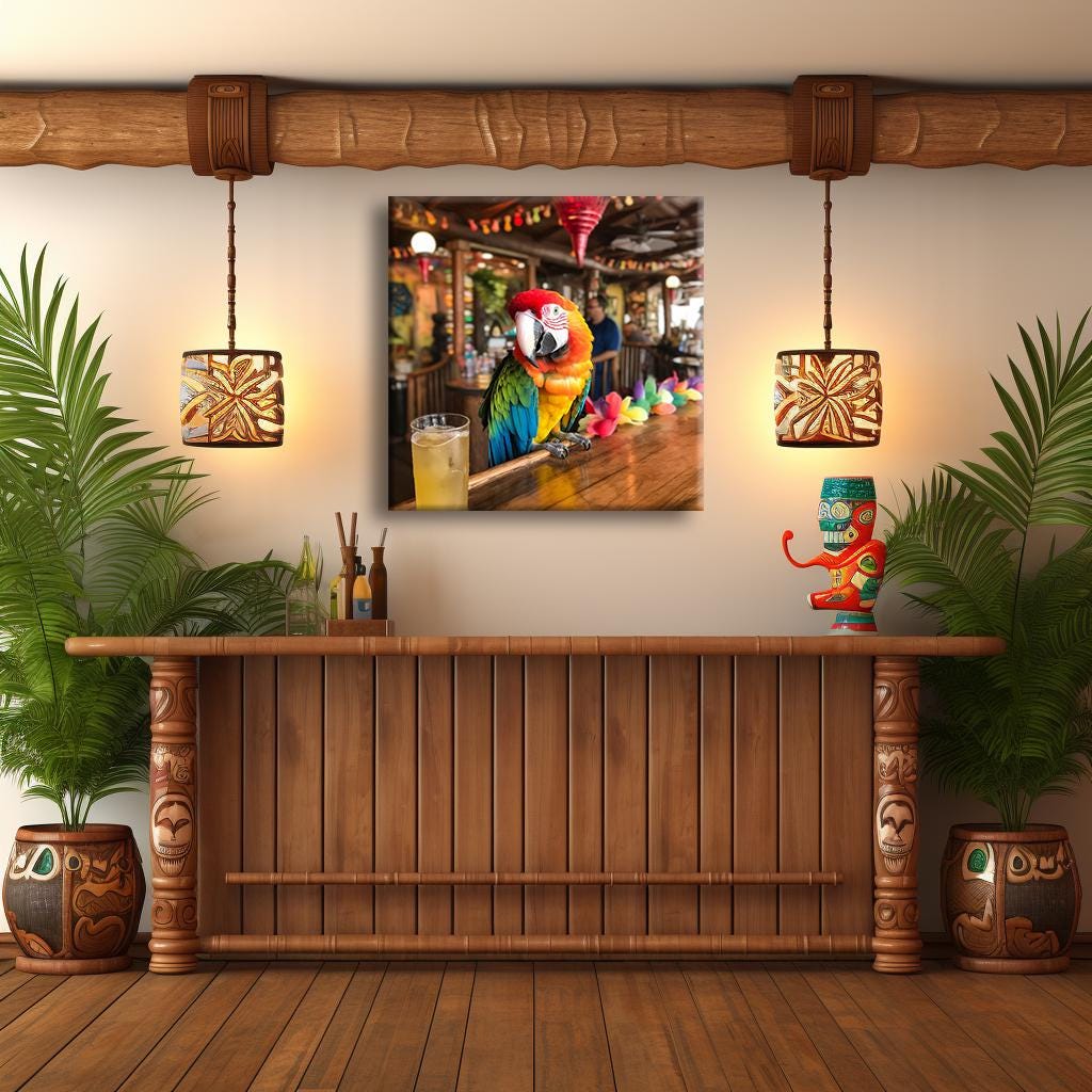 Meet Lucy, the Happy Hour Tiki Parrot! | Canvas Wall Art | Beach Wall ...