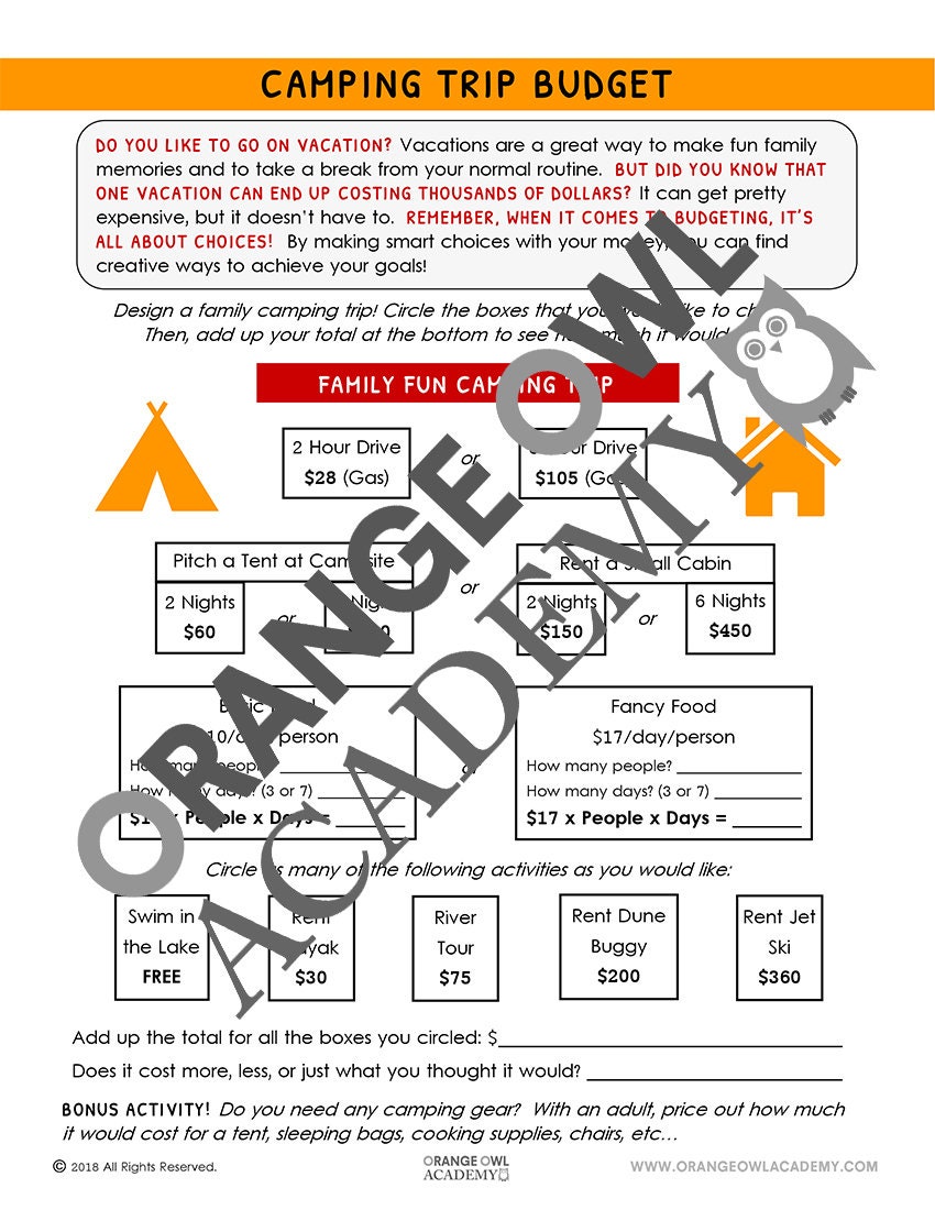 Money Worksheet for Kids - "camping Trip Budget" - Etsy