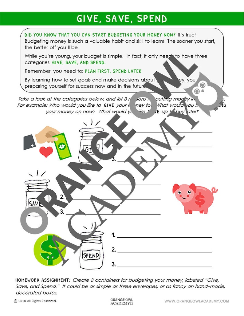Money Worksheet for Kids - "give, Save, Spend" - Etsy
