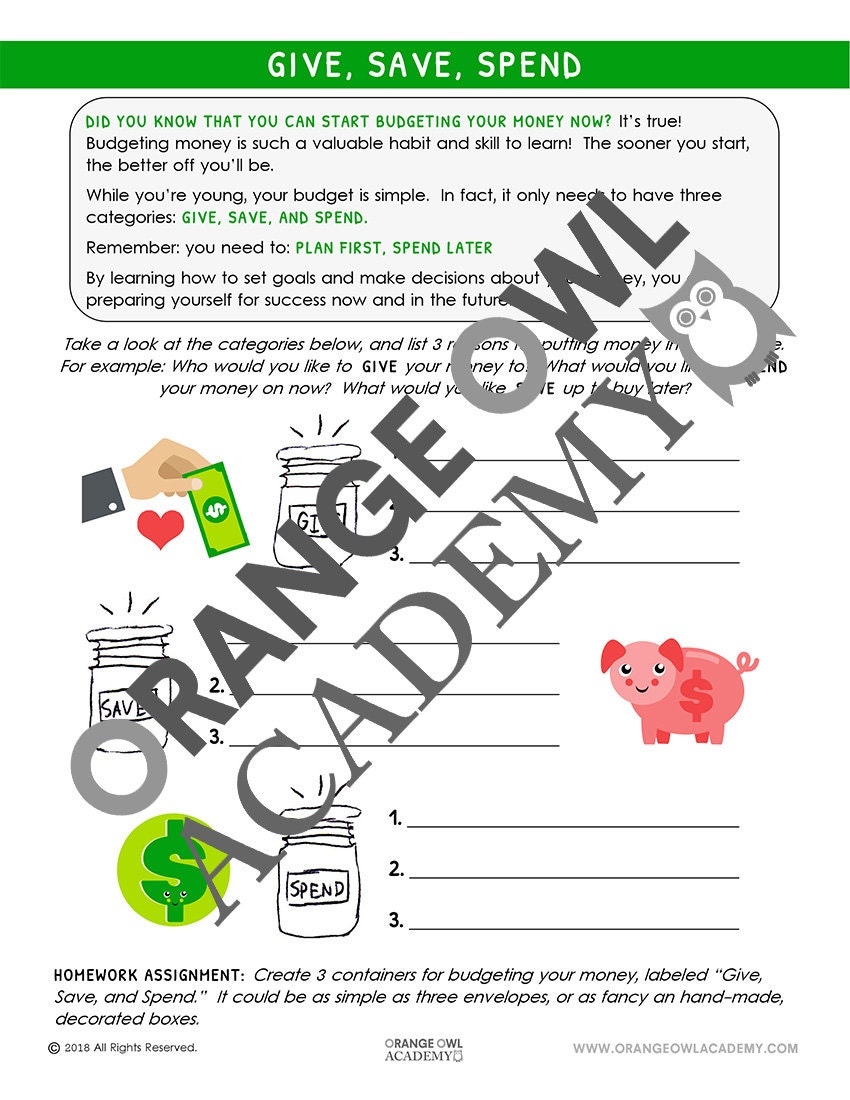 Money Worksheet for Kids - "give, Save, Spend" - Etsy