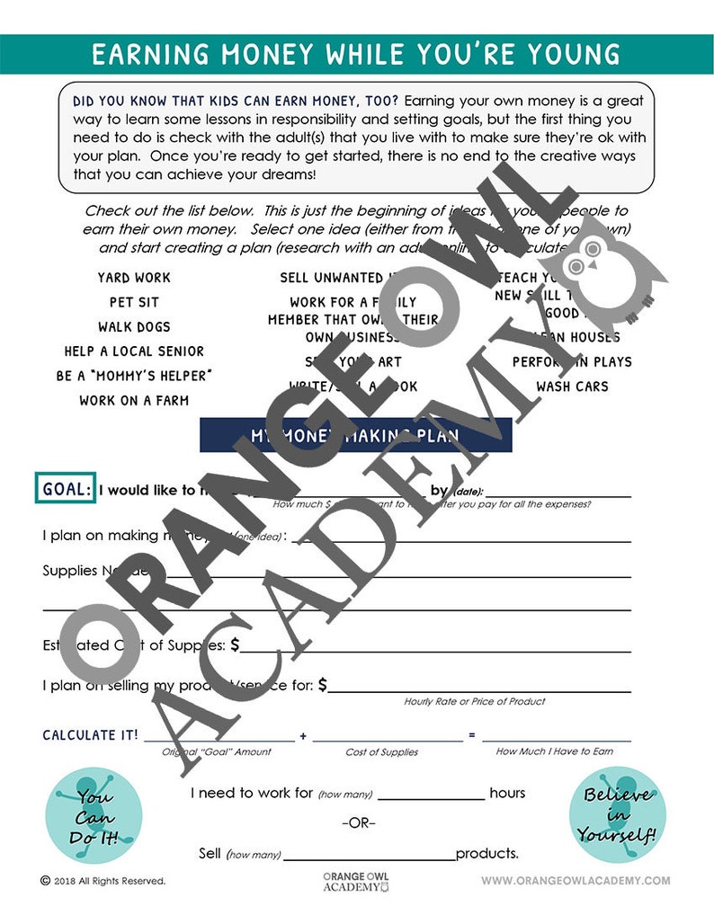 Money Worksheet for Kids - "earning Money While You're Young" - Etsy