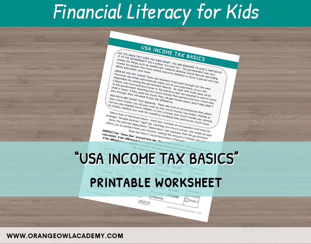 Money Worksheet for Kids - "usa Income Tax Basics" - Etsy