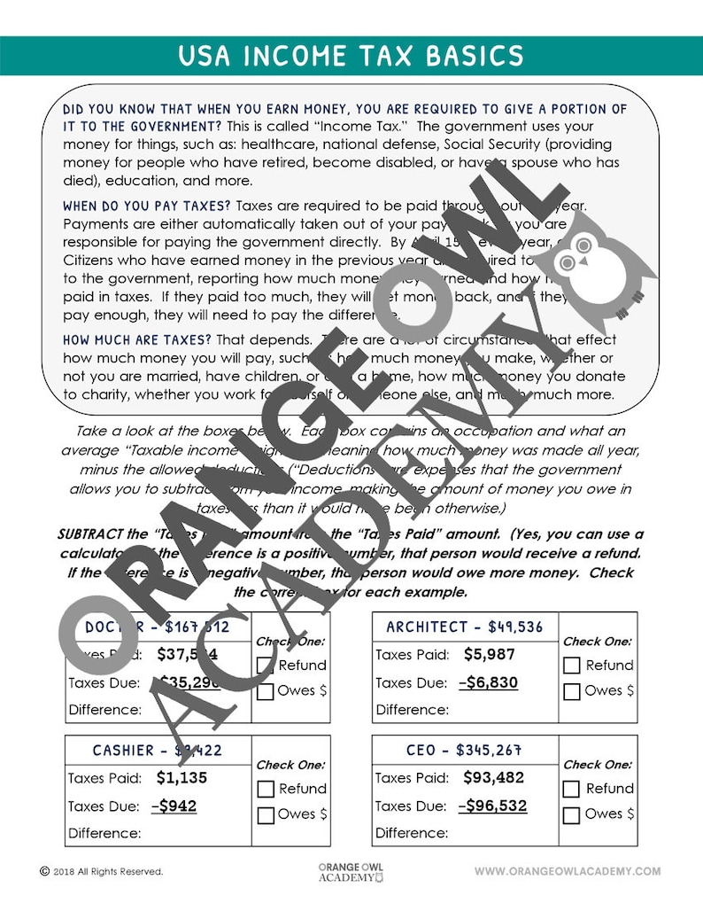 Money Worksheet for Kids - "usa Income Tax Basics" - Etsy