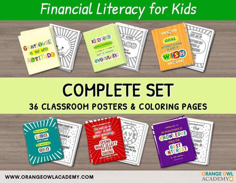 Complete Set Financial Literacy for Kids Classroom Posters and Coloring ...