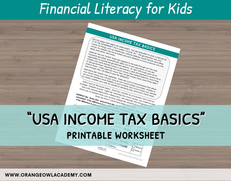 Money Worksheet for Kids usa Income Tax Basics - Etsy