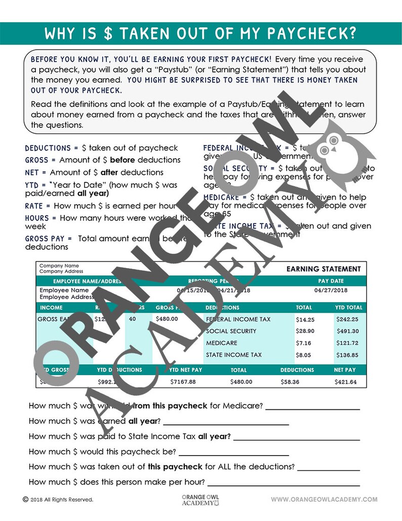 Money Worksheet for Kids - "why is Money Taken Out of My Paycheck?" - Etsy
