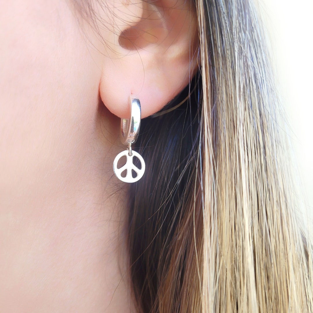 Peace Sign Earrings Sterling Silver, Peace Symbol Huggie Hoop Earrings ...