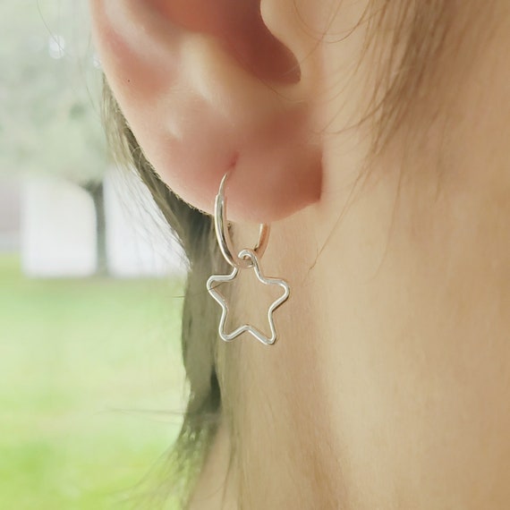 Small Sterling Silver Hoop Earrings Star Huggie Earrings Tiny Hoop Earrings With Charm Dainty Celestial Earring Christmas Gift for Her Etsy