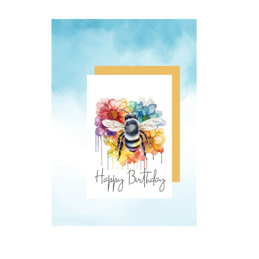 Digital Happy Birthday Card Watercolour Bee and Flowers Birthday Card ...