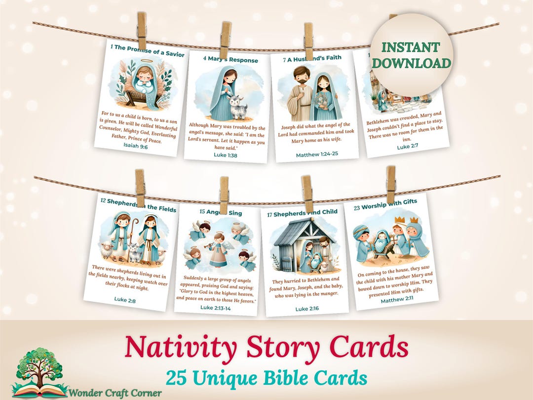 25 Nativity Story Cards for Kids, Bible Verse Christmas Flashcards ...